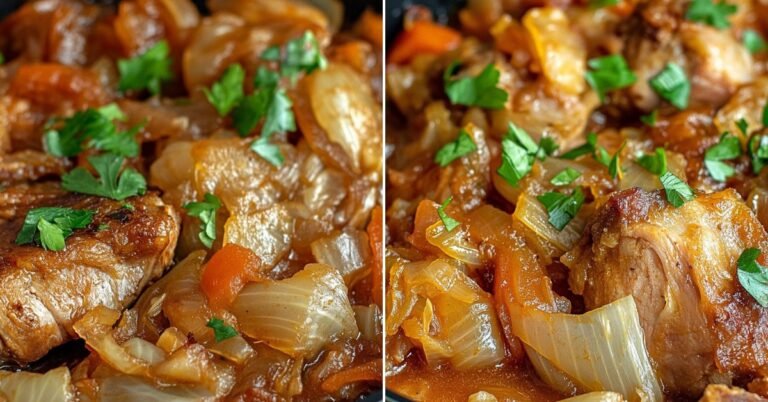 Überbackene Schweineschulter mit Zwiebeln und Weißkohl